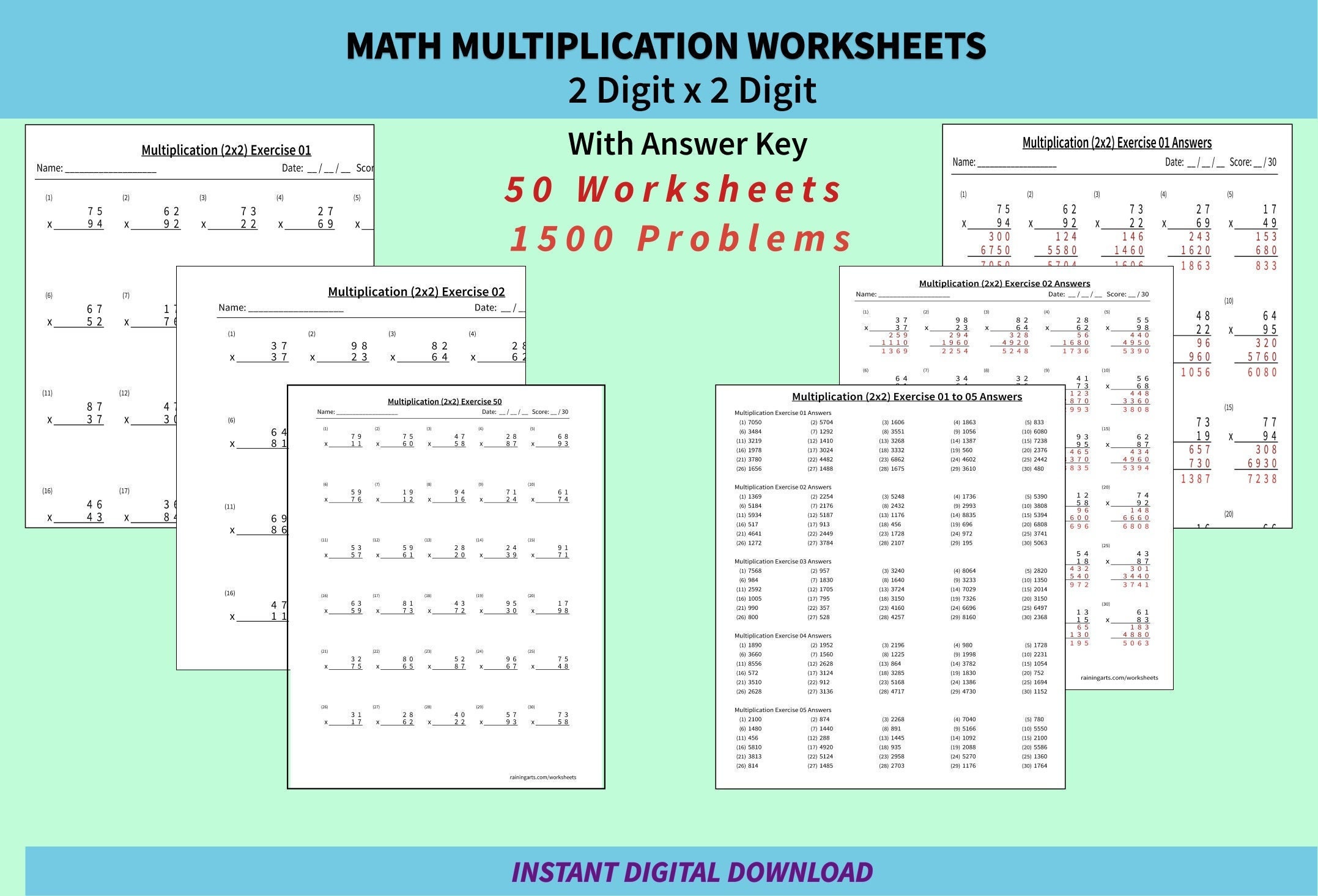 Multiplication Math 50 Printable Worksheets 2x2 2digit X 2digit With ...