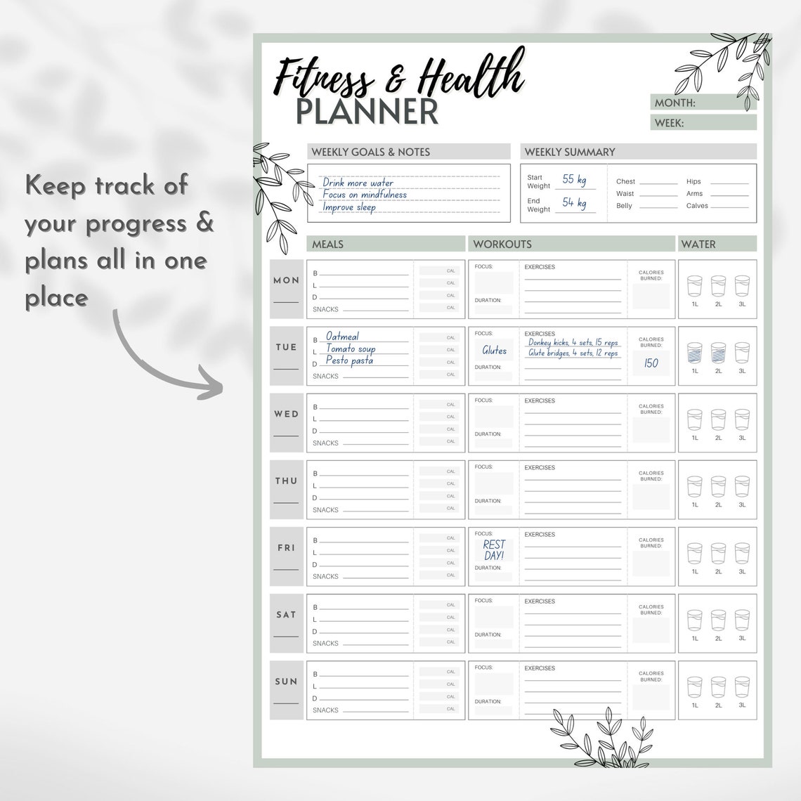 Printable Fitness Planner, Health Planner, Modern Weekly Planner ...