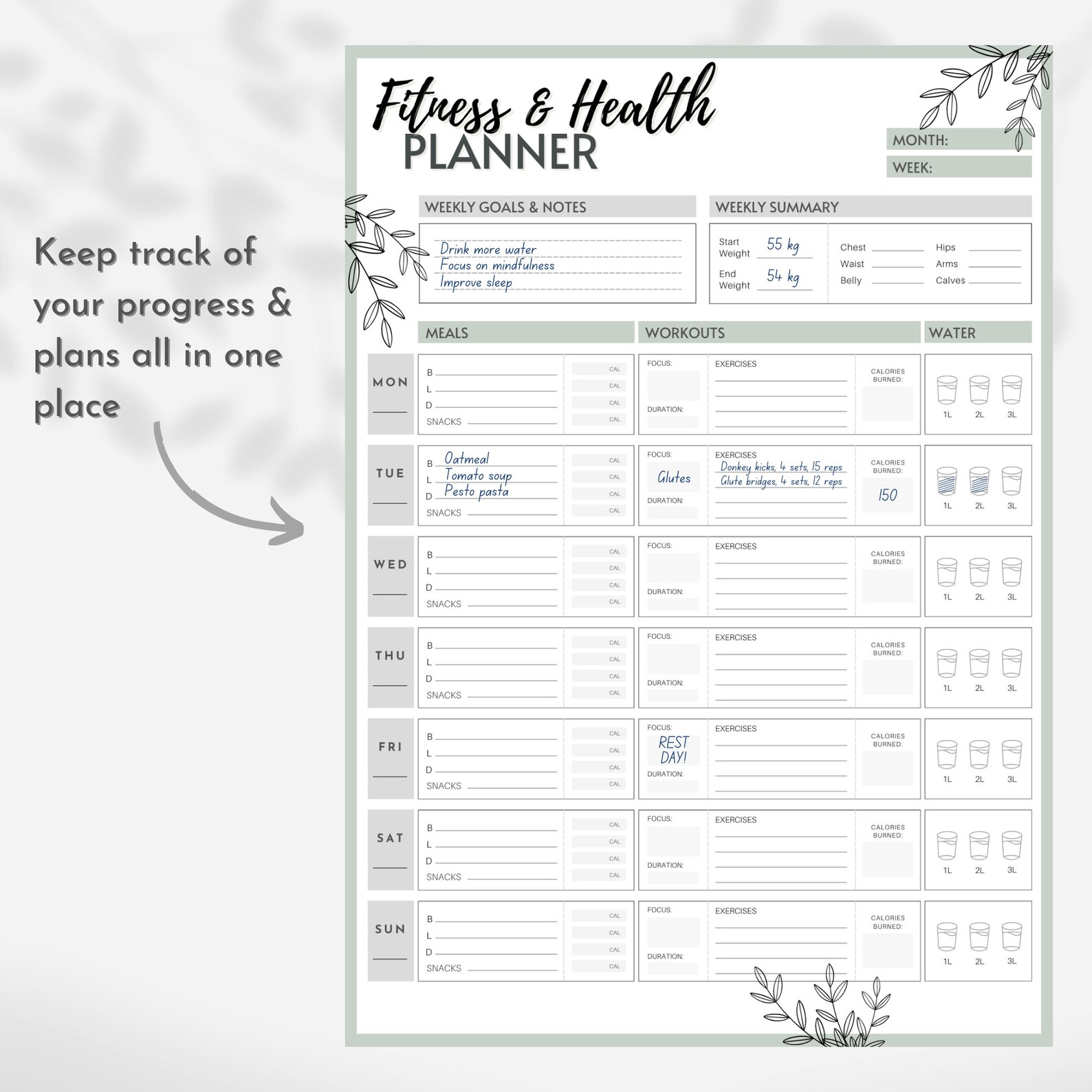 Printable Fitness Planner, Health Planner, Modern Weekly Planner ...
