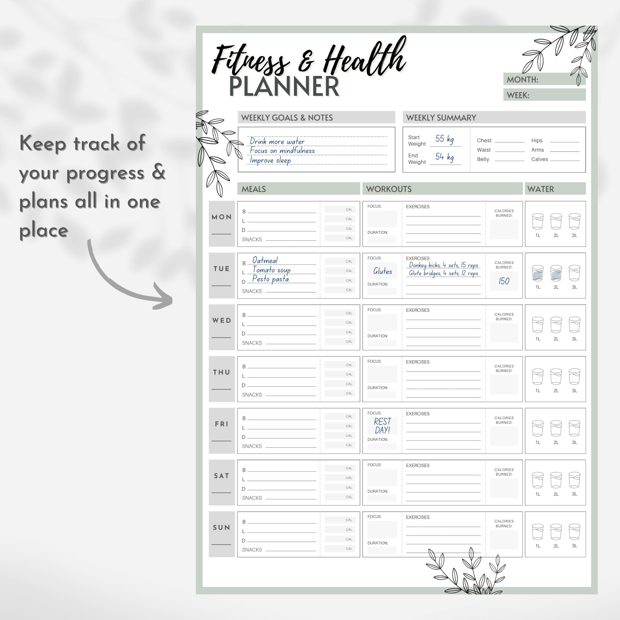 Printable Fitness Planner, Health Planner, Modern Weekly Planner ...