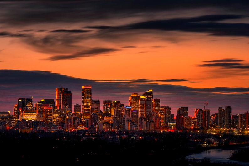 Calgary Sunrise Skyline Canvas Print Bold Colors Canadian Cityscape ...
