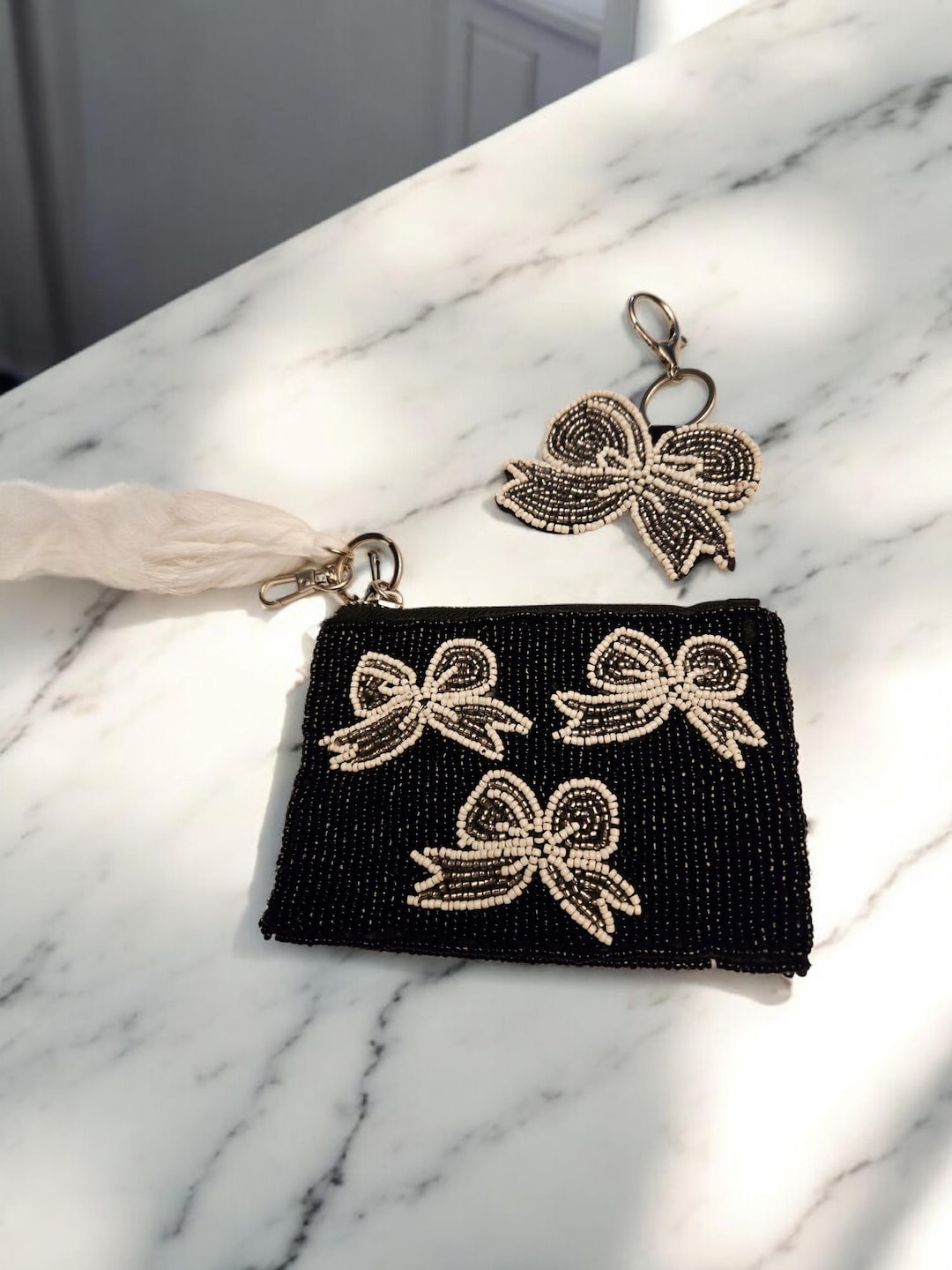 NEW Rachel Zoe Elegant 2 Piece Beaded Black&white Silver Bow Coin Purse ...