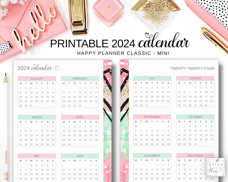 Yearly Calendar 2024 Printable Happy Planner Classic Insert, HP Mini ...