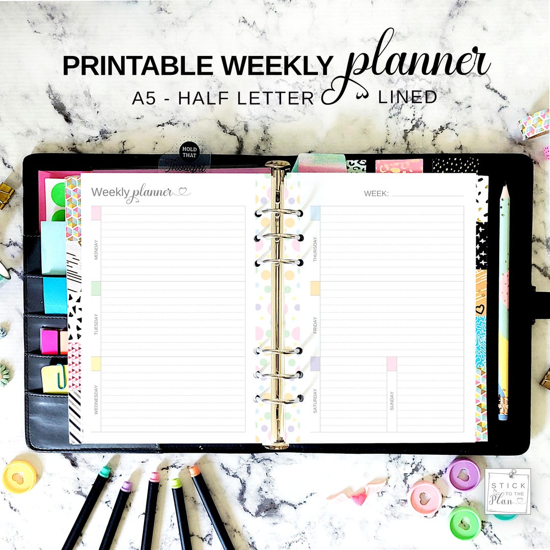 Lined A5 Printable Weekly Planner Insert, Half Letter Undated ...