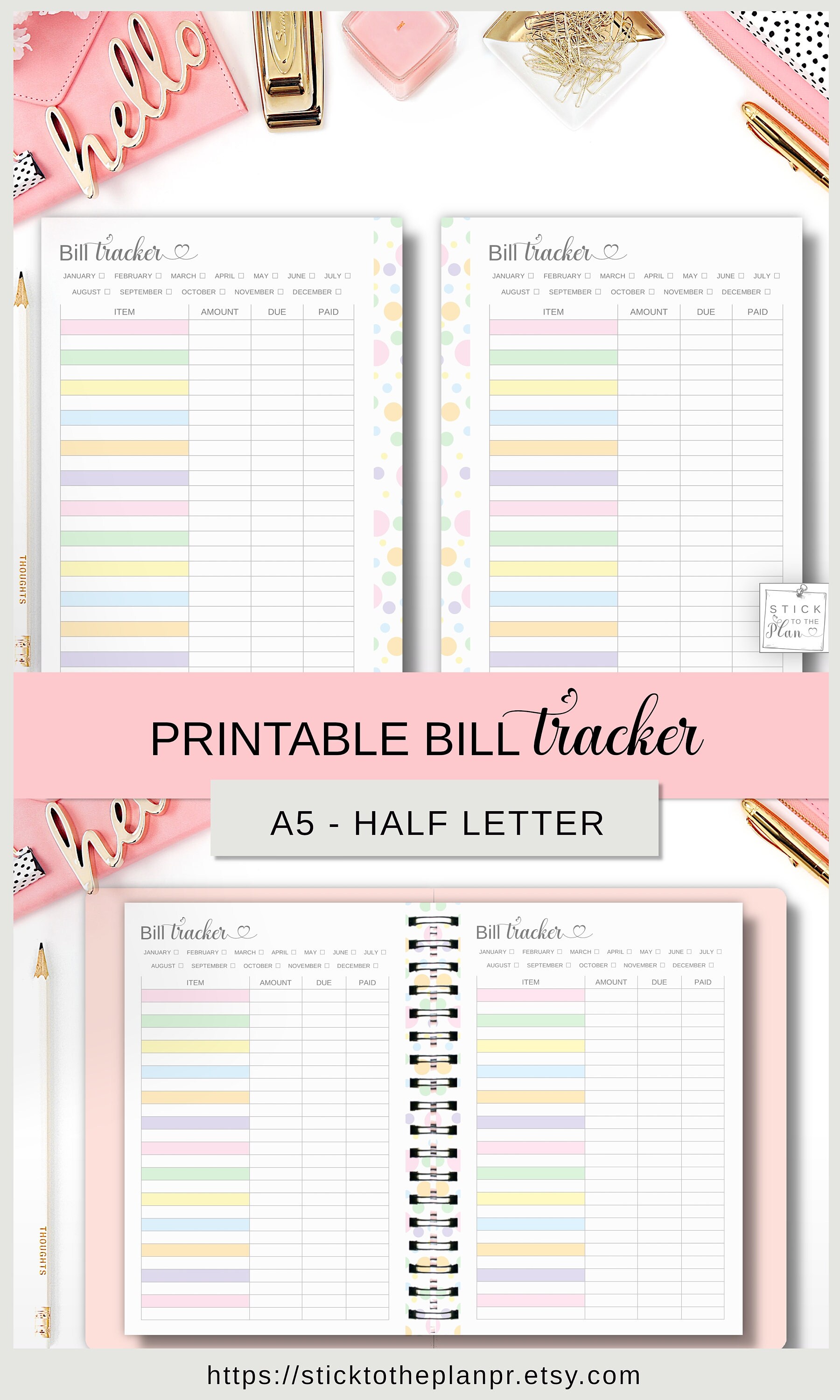 A5 Bill Tracker, Printable Half Letter Expense Tracker Planner Insert ...
