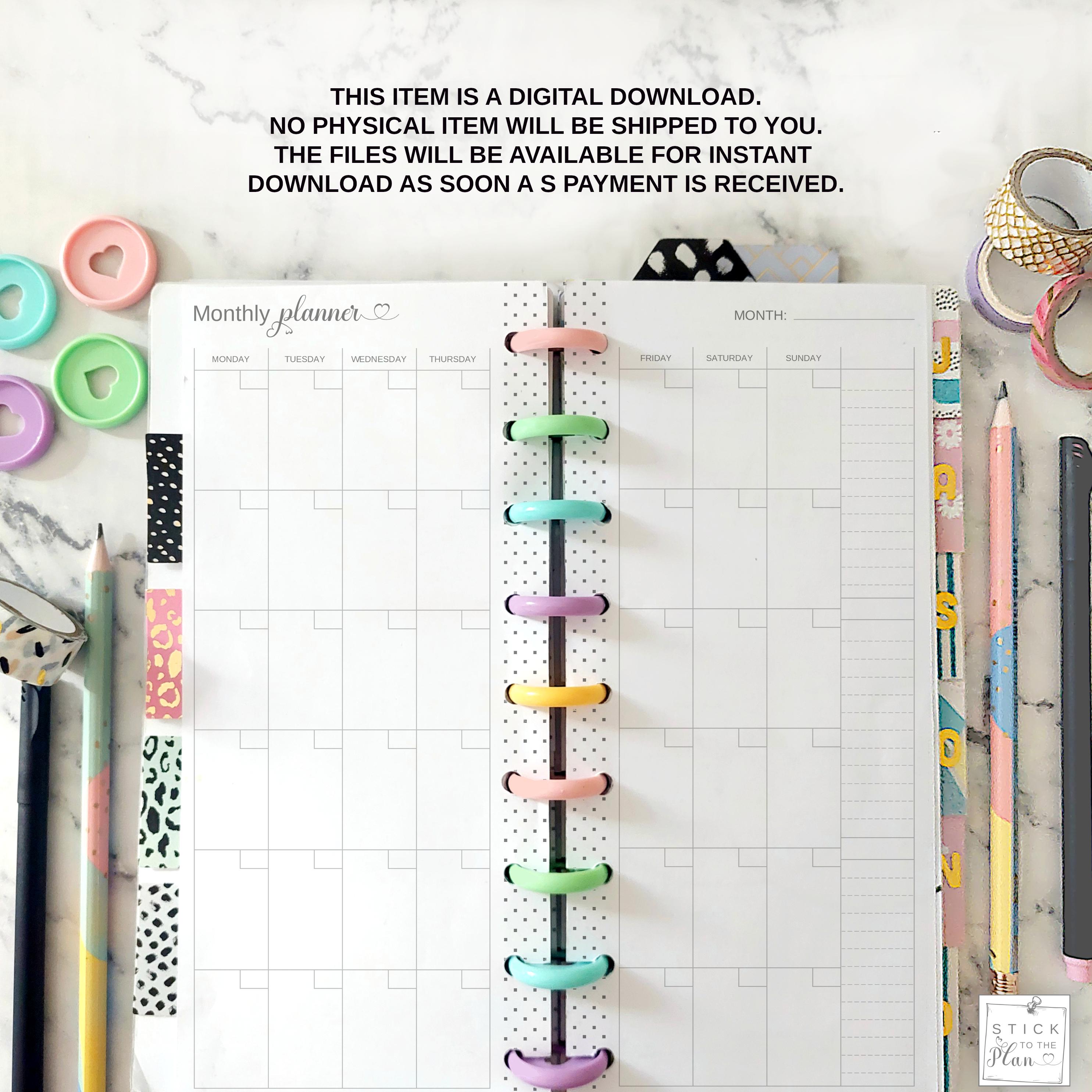 Undated Monthly Calendar Happy Planner Skinny Classic Insert, Printable ...