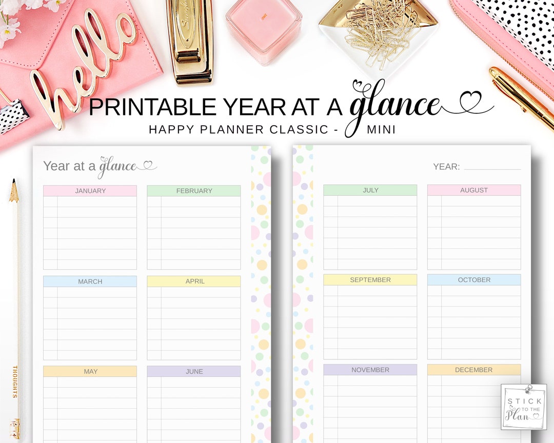 Undated Year at a Glance Classic Happy Planner Insert, Printable Mini ...