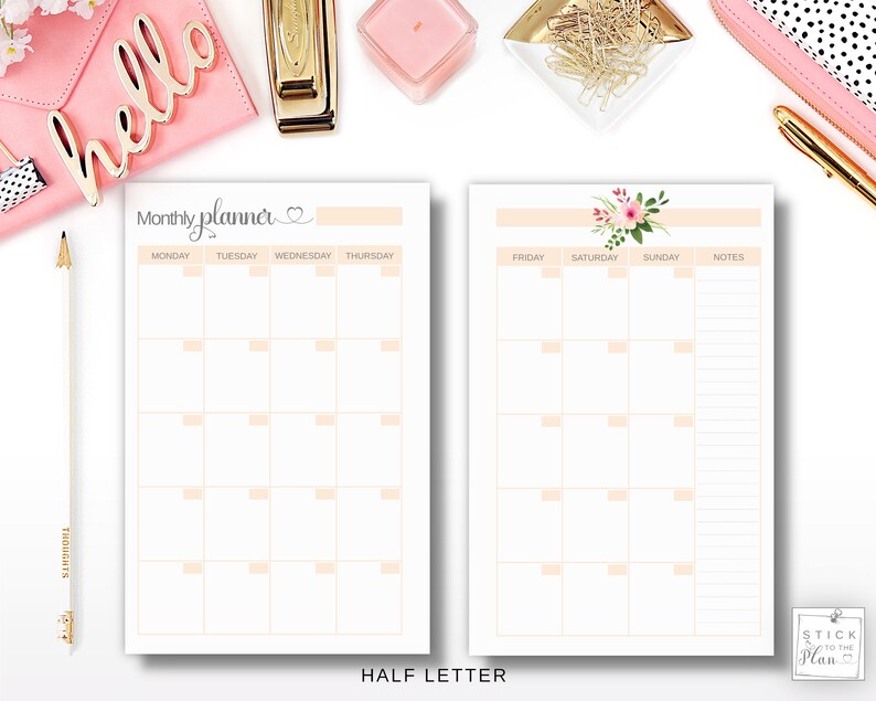 Month on 2 Pages A5 Printable Monthly Calendar Half Letter - Etsy
