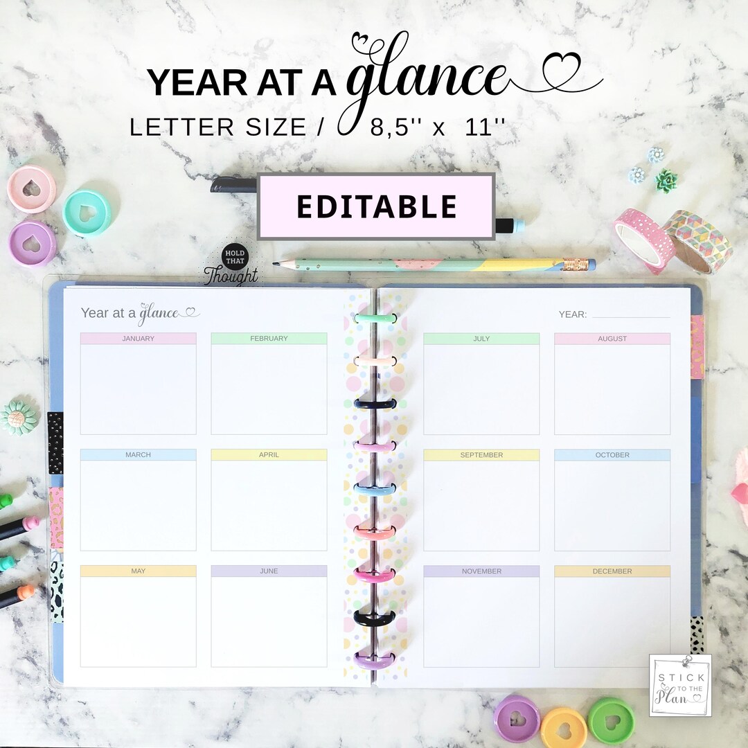 Editable Yearly Calendar Insert Fit Big Happy Planner, Undated Letter ...