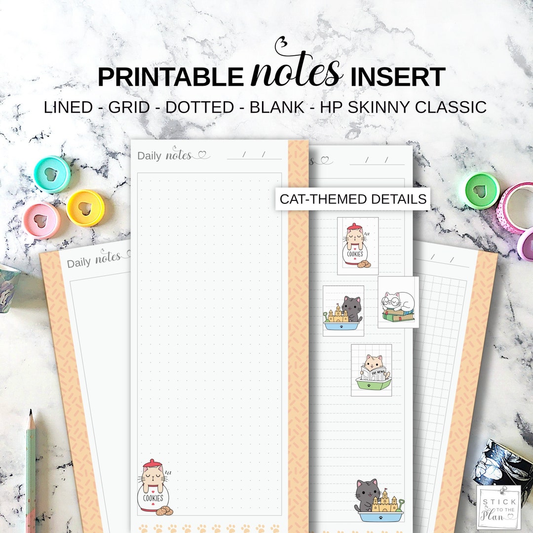 Printable Notes Pages With Cats for Skinny Classic Happy Planner, HP ...
