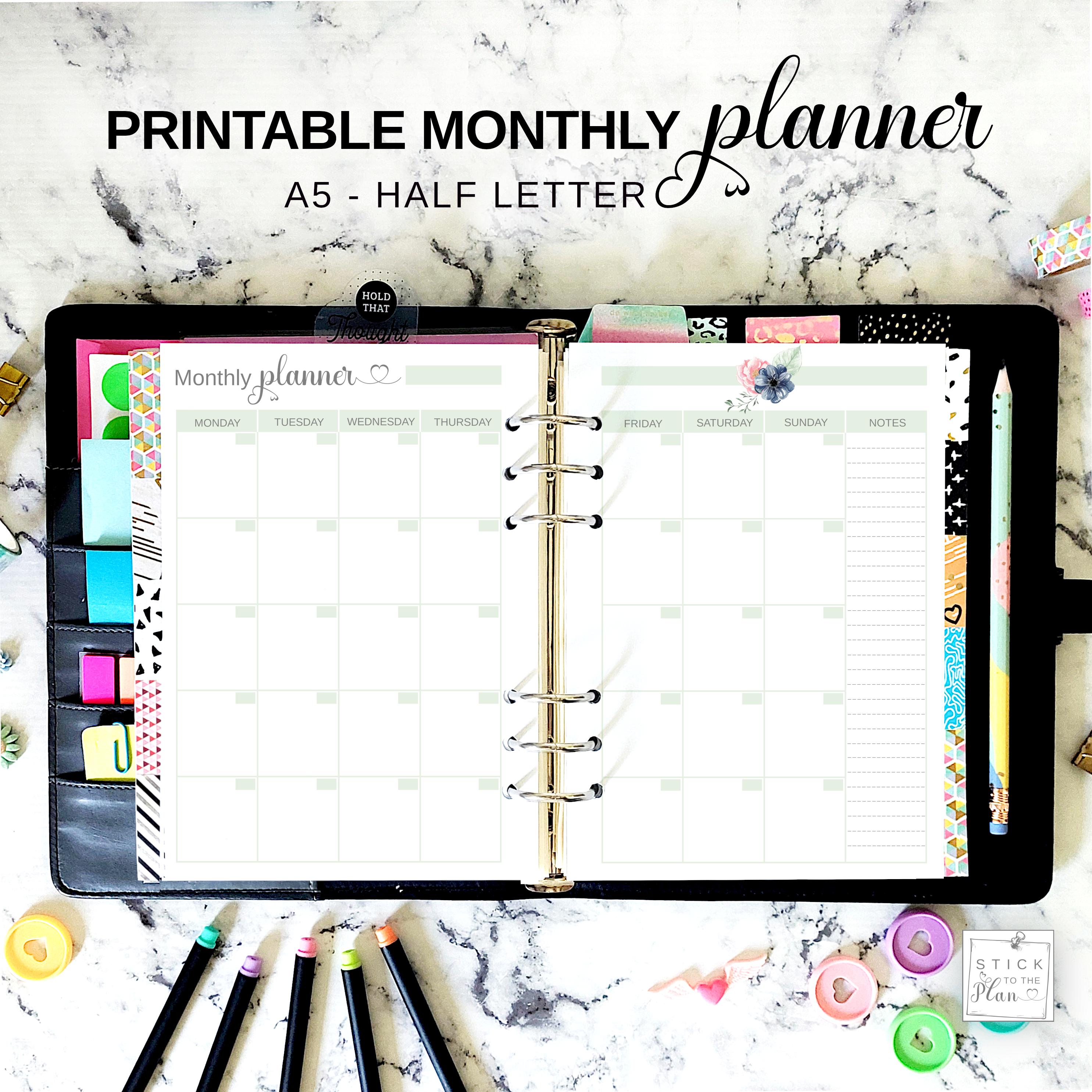 A5 Monthly Calendar, Printable Month on Two Pages, Half Letter Planner ...