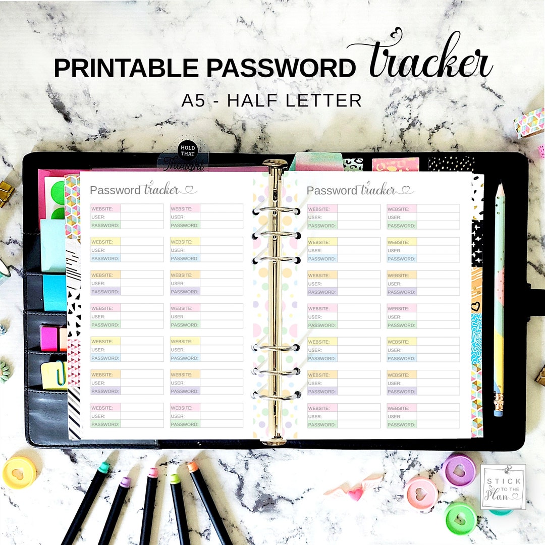 Password Tracker A5 Printable Planner Insert, Half Letter Password ...