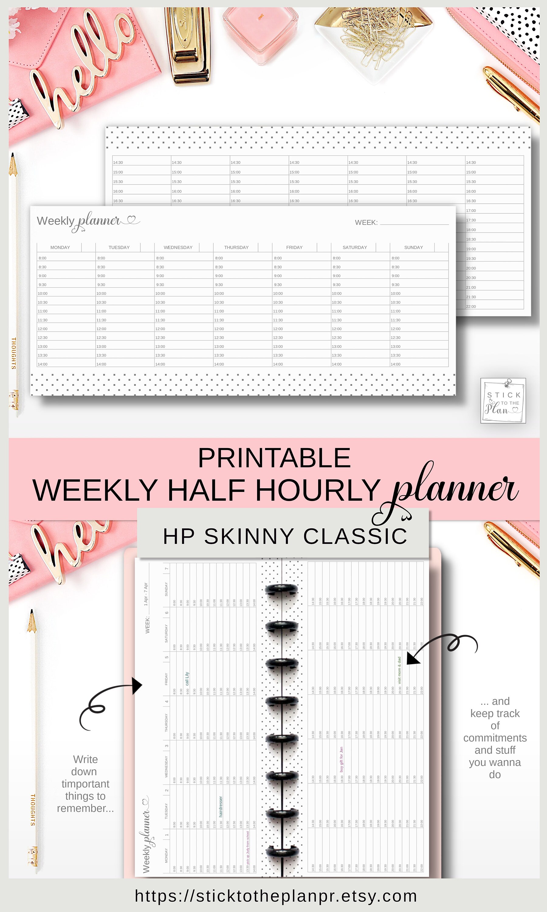 Half Hourly Weekly Schedule Printable Happy Planner Skinny Classic ...