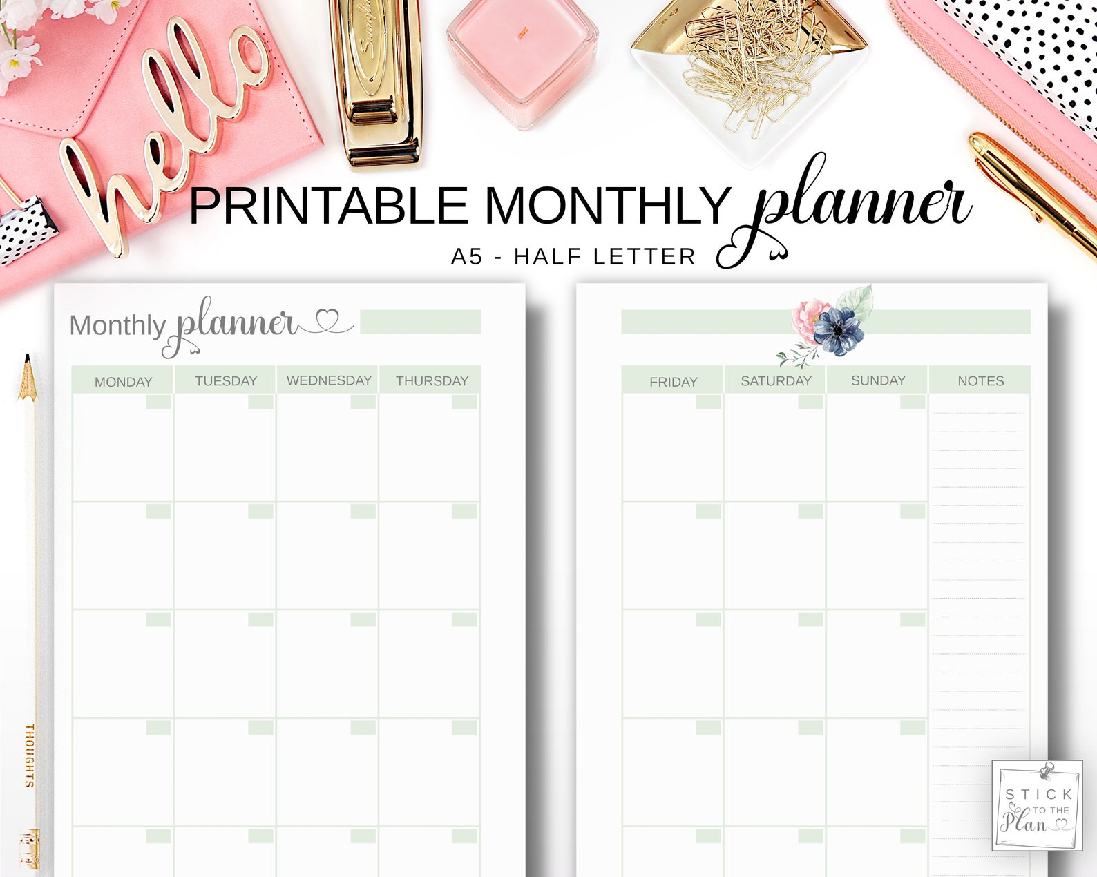 A5 Monthly Calendar, Printable Month on Two Pages, Half Letter Planner ...