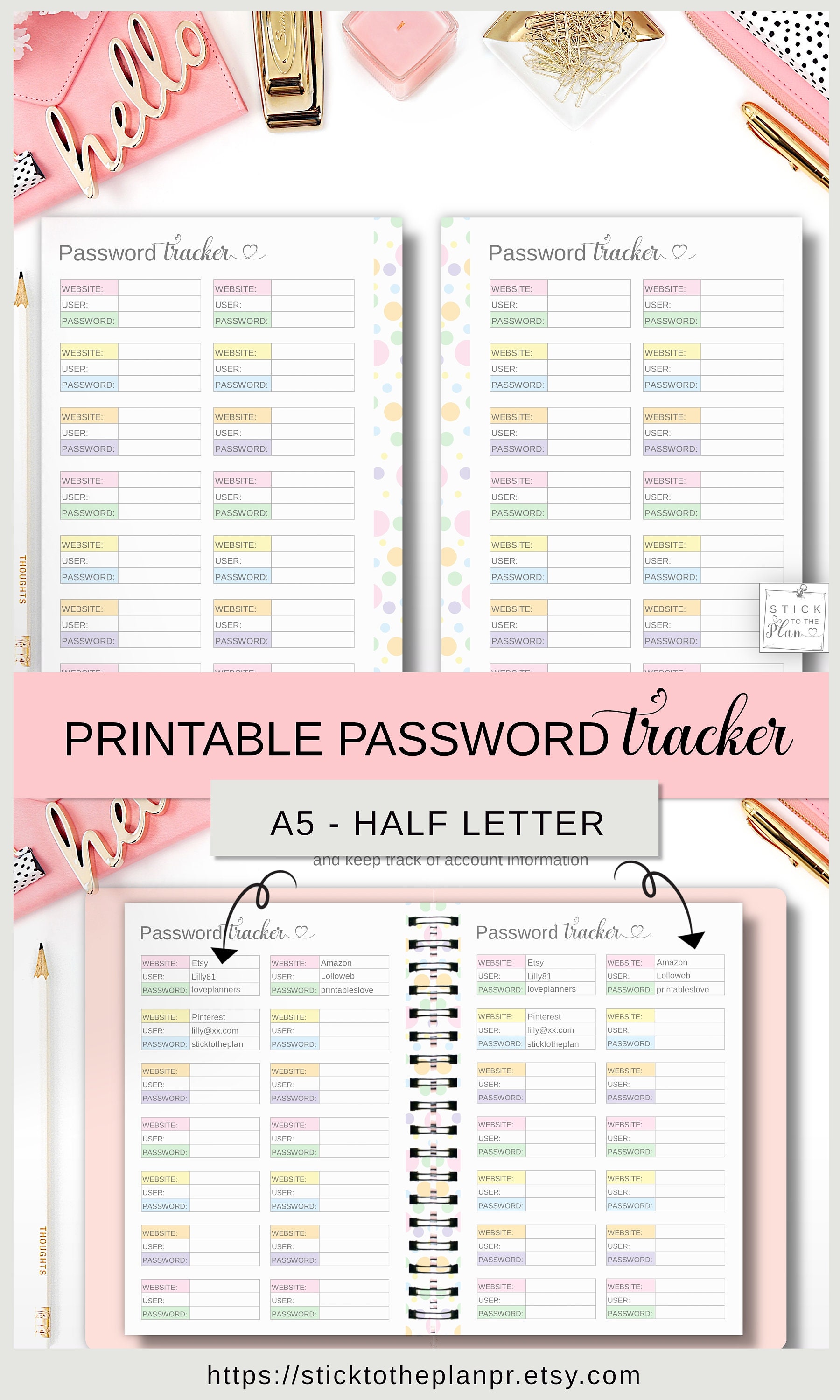 Password Tracker A5 Printable Planner Insert, Half Letter Password ...