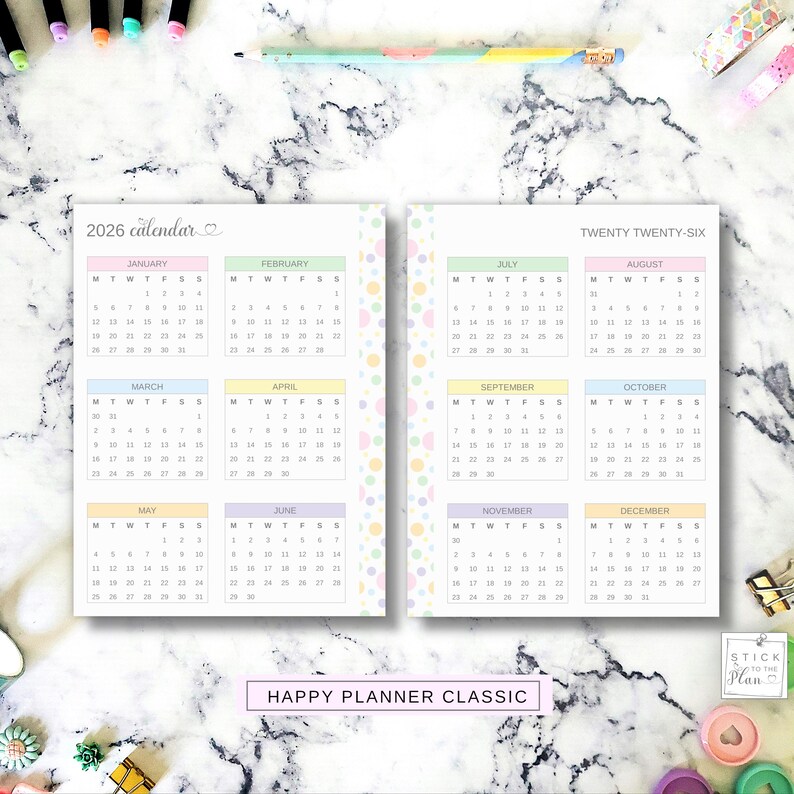 2026 Printable Yearly Calendar Fit Happy Planner Classic and Mini, Disc ...