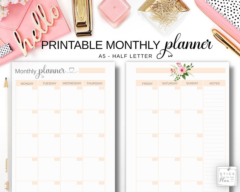 Month on 2 Pages A5 Printable Monthly Calendar Half Letter - Etsy