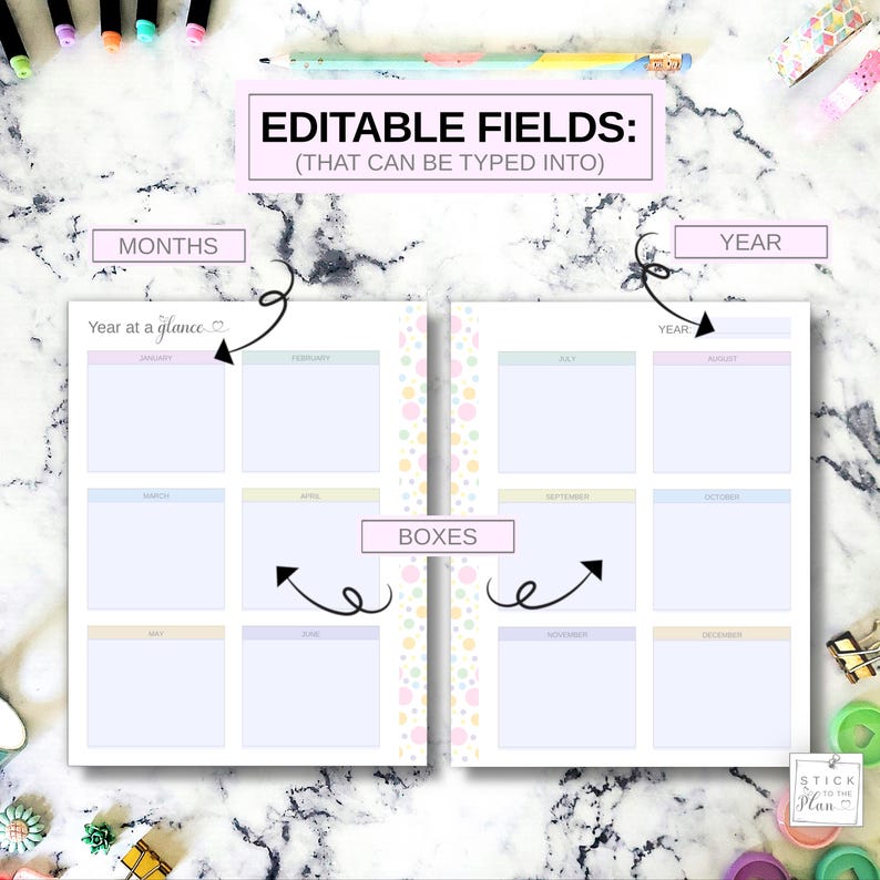 Yearly Calendar Editable Insert Fit Big Happy Planner, Undated Letter ...