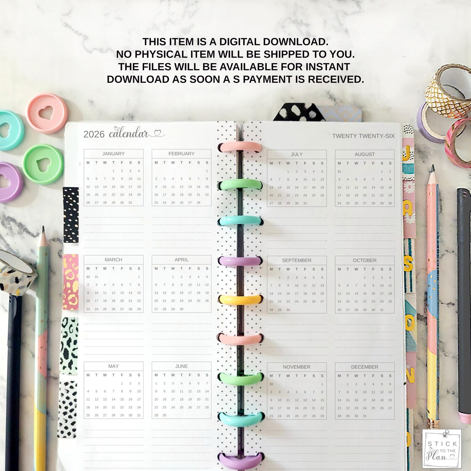 Yearly Calendar 2026 Printable Skinny Classic Size Planner Nsert ...