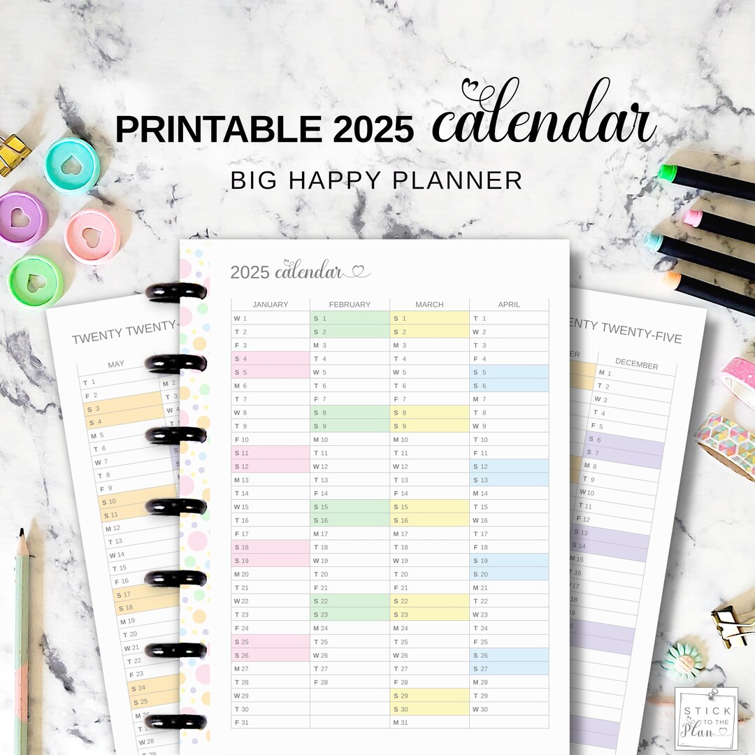 Yearly Calendar 2025 Big Happy Planner Insert, Printable Letter Size ...