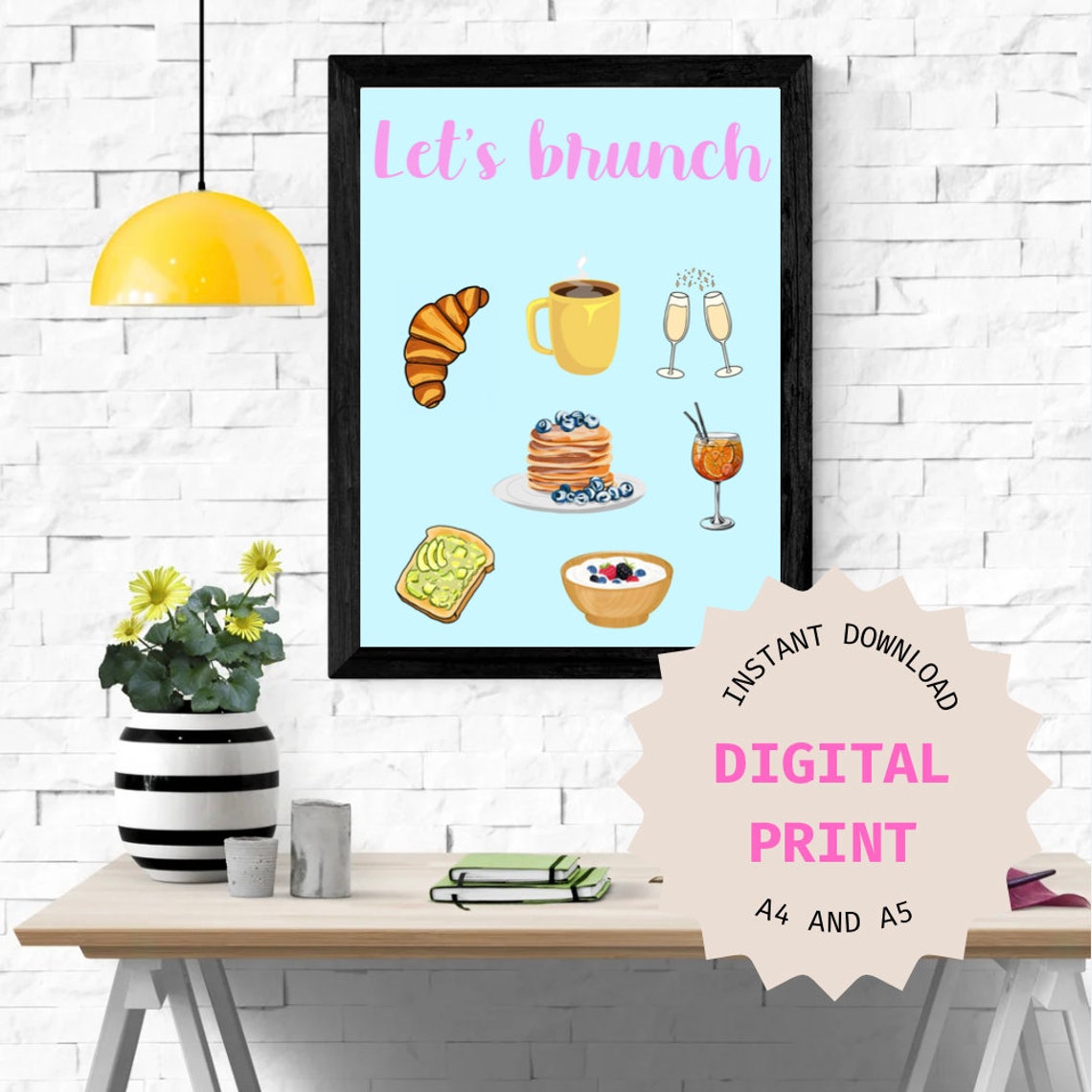 Let's Brunch Illustrated Print. Pastel, Calligraphy, Breakfast, Kitchen ...