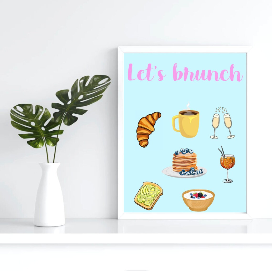 Let's Brunch Illustrated Print. Pastel, Calligraphy, Breakfast, Kitchen ...