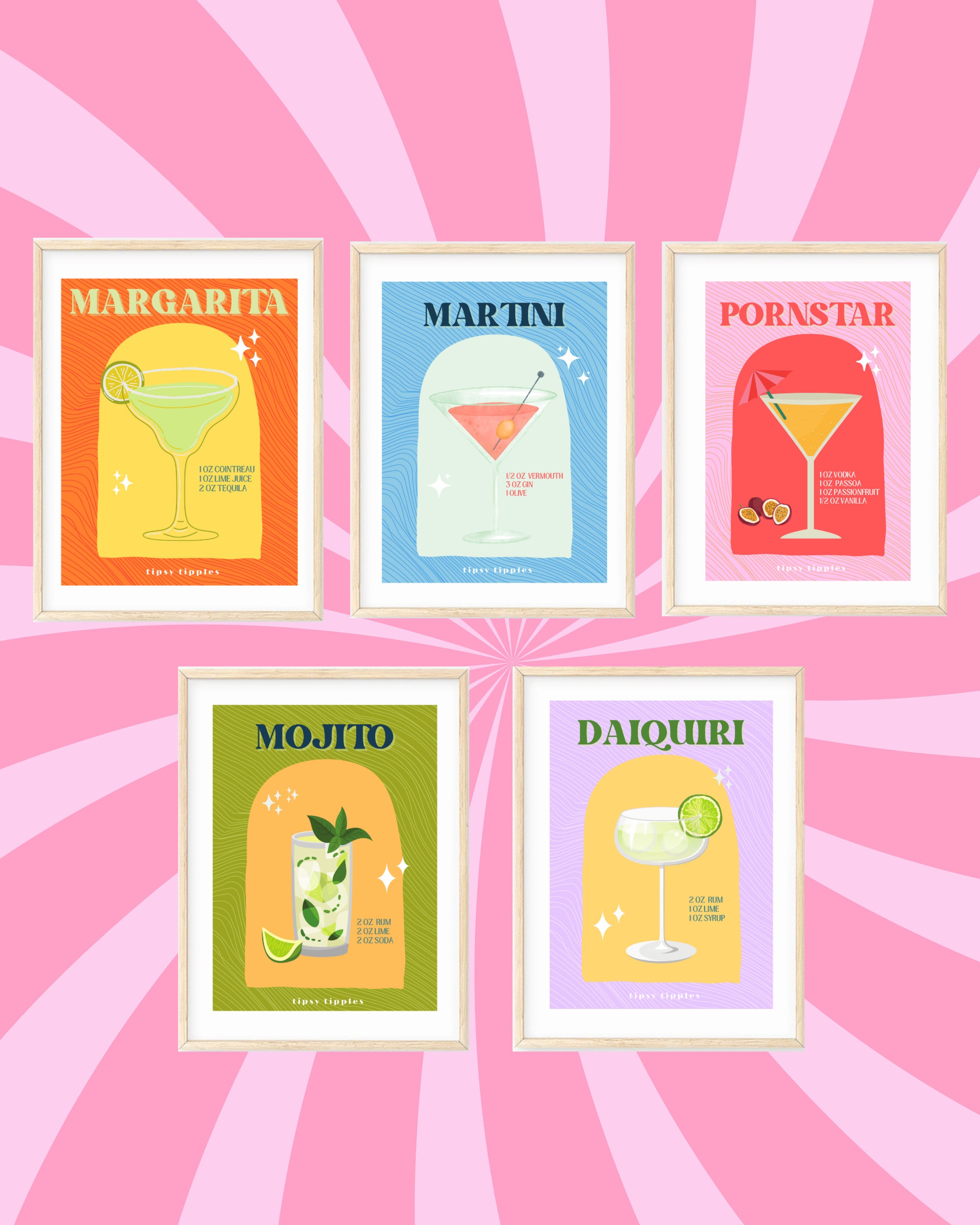 Custom Cocktail Drink Print Set, A4, Colourful Art, Bar Prints, Wall ...