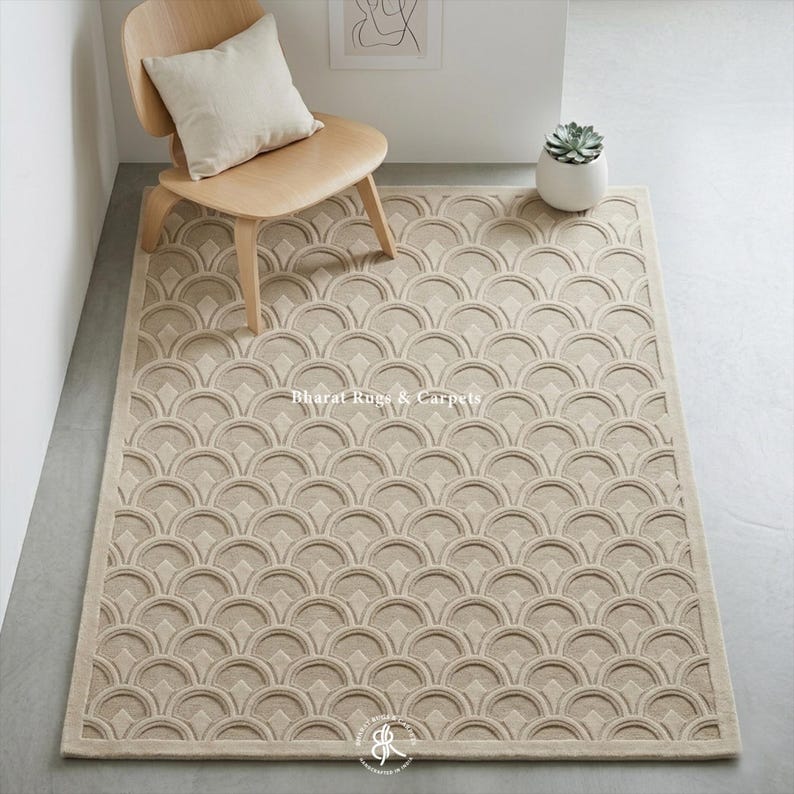 Contemporary Beige Rug, Art Deco Pattern Hand Tufted Large Area Carpet ...
