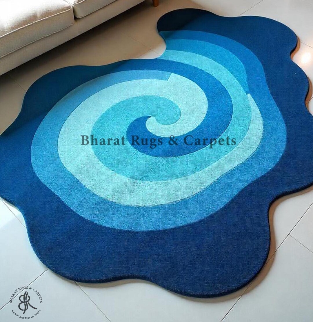 Ocean Blue Swirl Wool Rug Modern Coastal Decor Beach House Contemporary ...