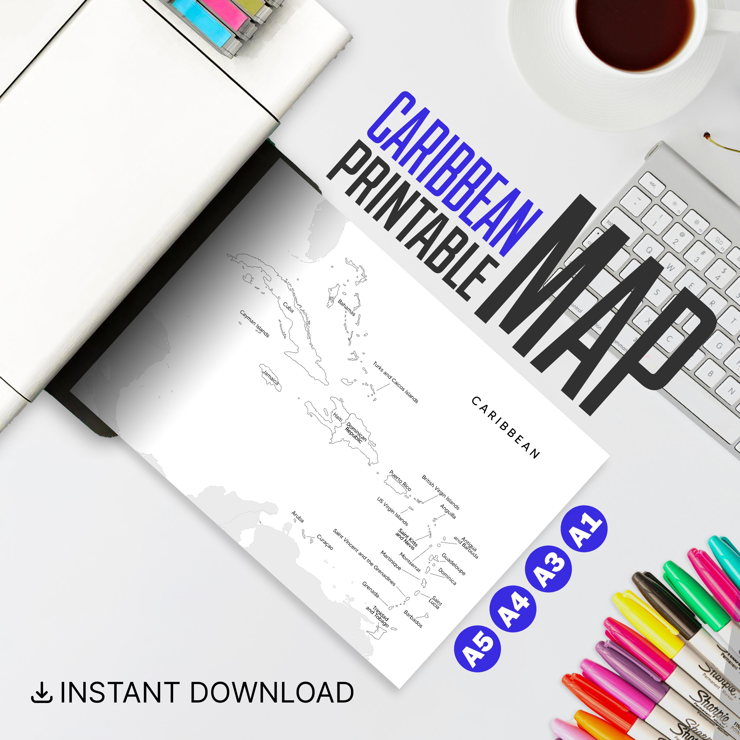 Printable Caribbean Map – Black & White Map | A5, A4, A3, A1 Sizes ...