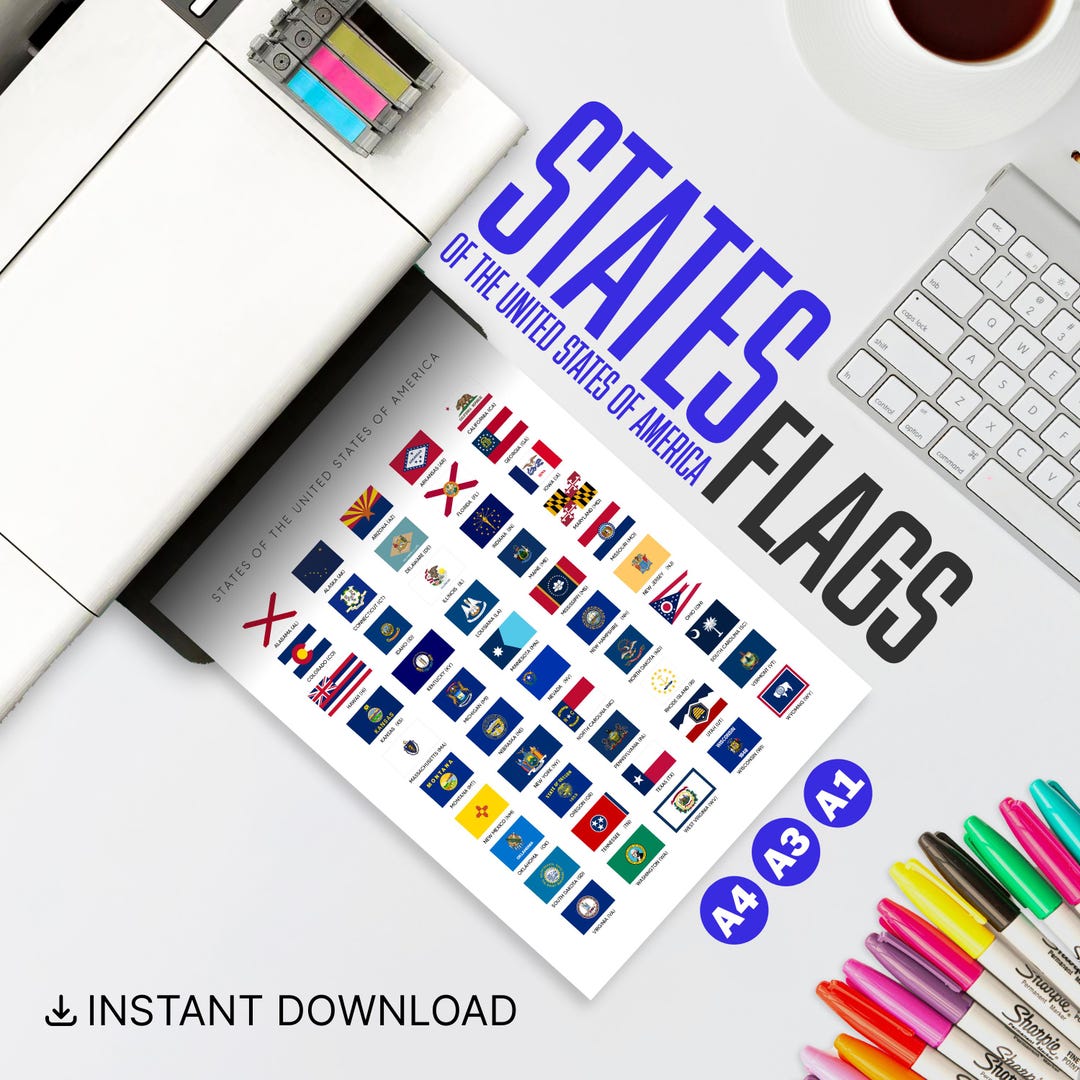 50 US State Flags Printable | USA Flags Digital Download | A4, A3, A1 ...