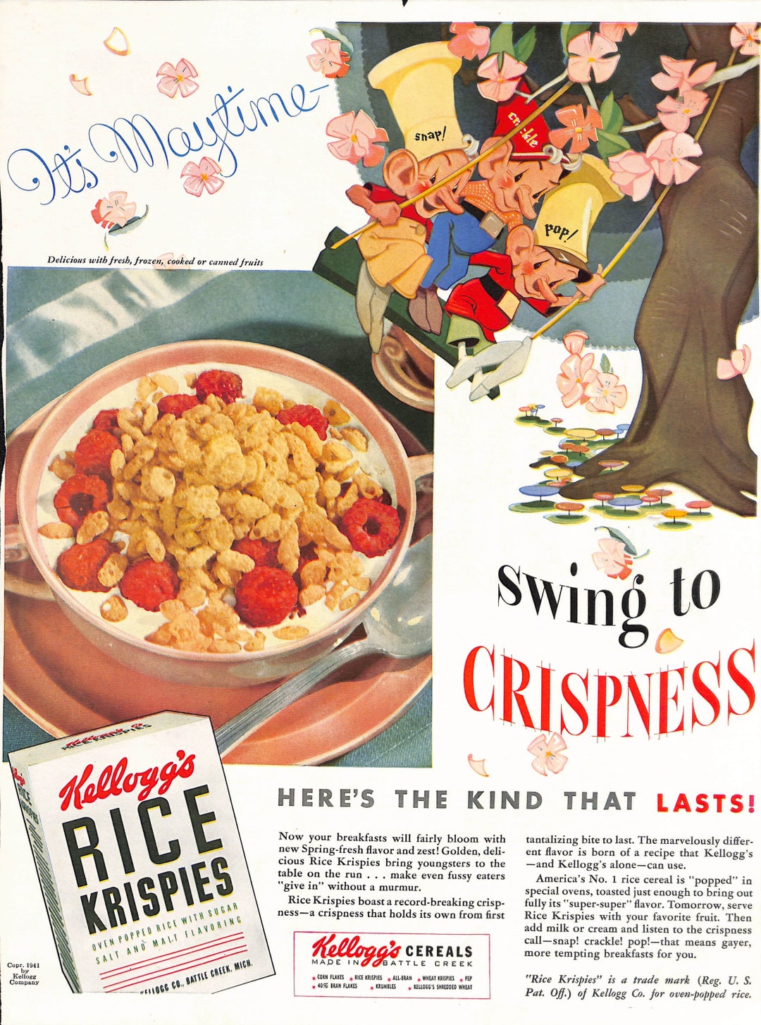 1941 Vintage Print Ad for Kellogg's Rice Krispies Cereal - Etsy