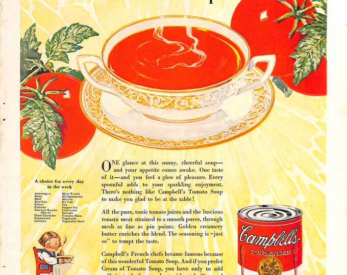 1929 CAMPBELL'S TOMATO SOUP Vintage Print Ad Kitchen Décor 1920s Art ...
