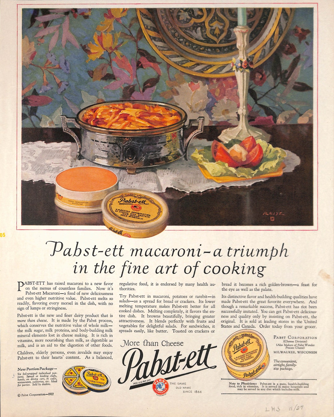 1927 Pabst-ett Vintage Print Ad Macaroni More Than Cheeee Reisz Tomato ...