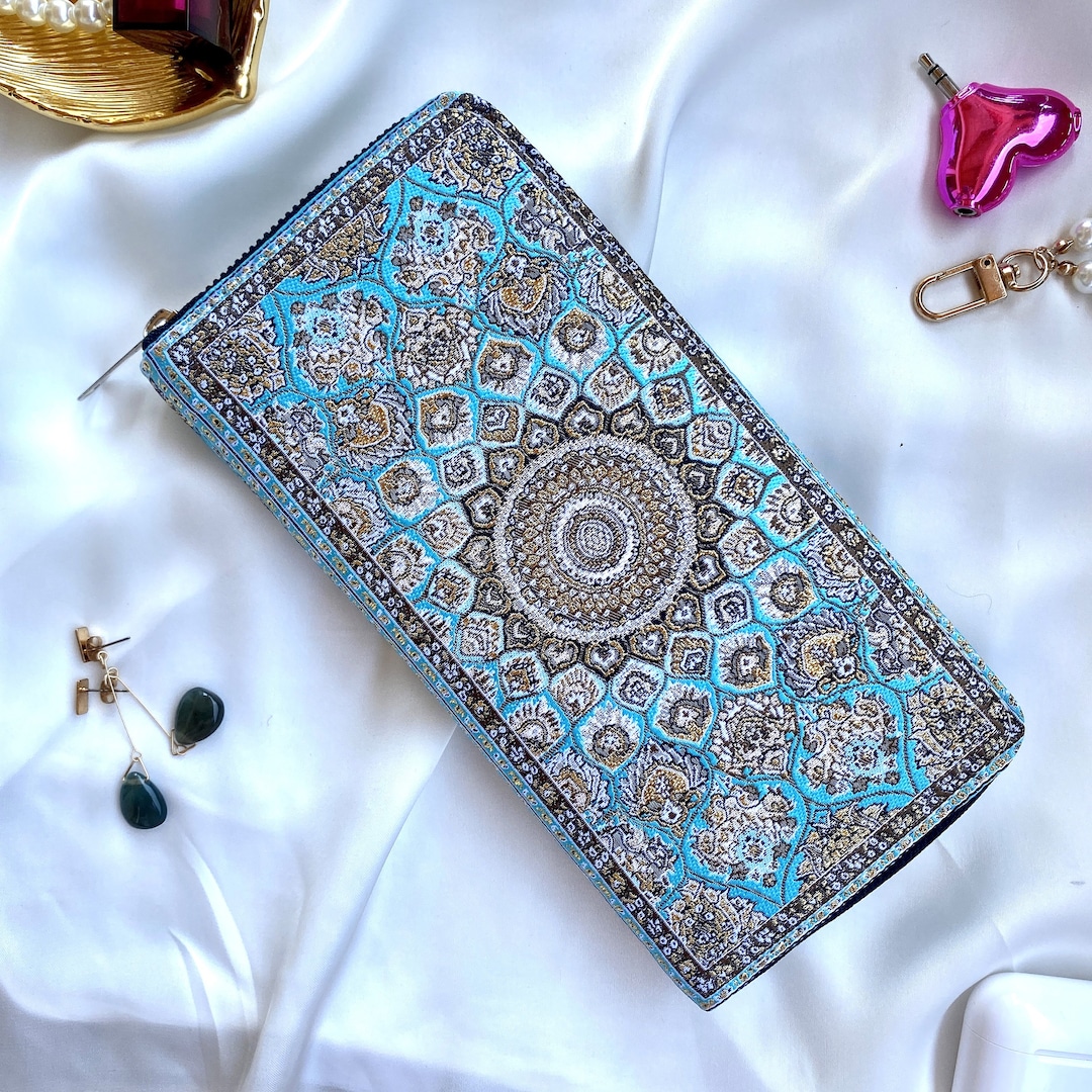 Turquoise Fabric Tapestry Wallet, Blue Cloth Wallet Women, Kilim Hobo ...
