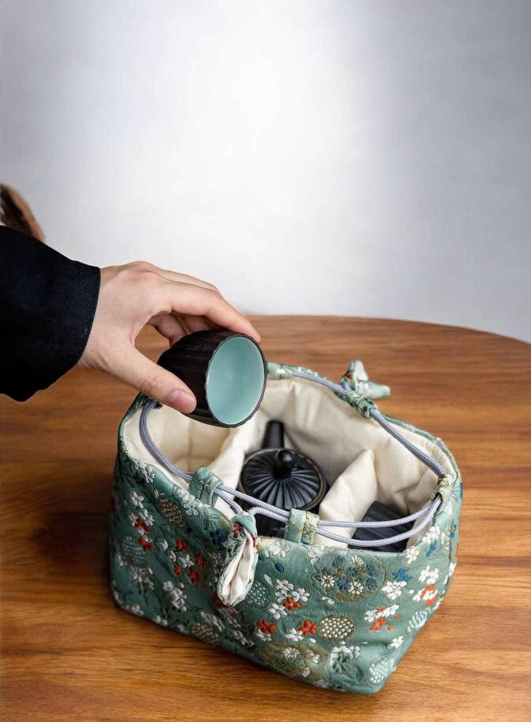 Handsewn Teacup Holder With Chinese Cheongsam Floral Prints, Tea Set ...