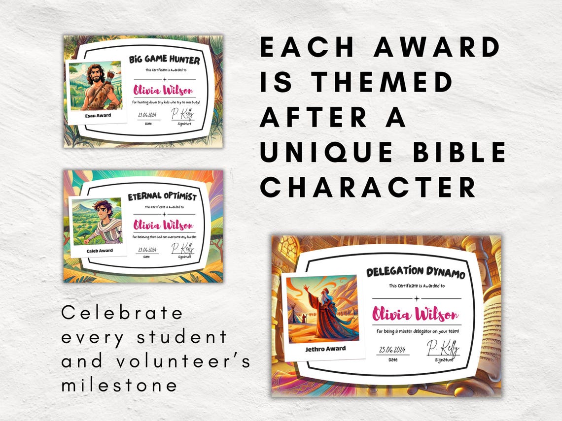 Bible Character Achievement Certificates and Postcard Bundle | 60 ...