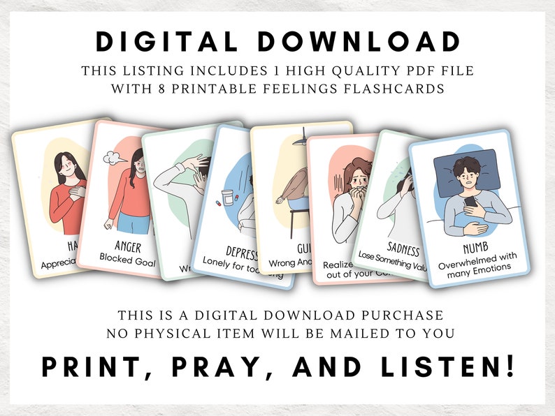 Printable Emotions Flash Cards Learn the Feelings Therapy Journal Cards ...