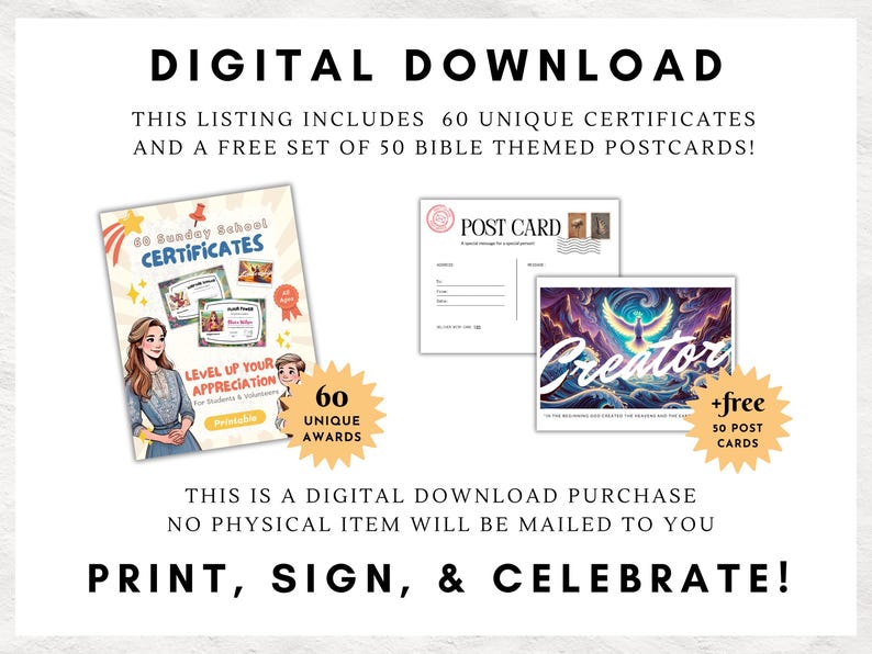 Bible Character Achievement Certificates and Postcard Bundle | 60 ...