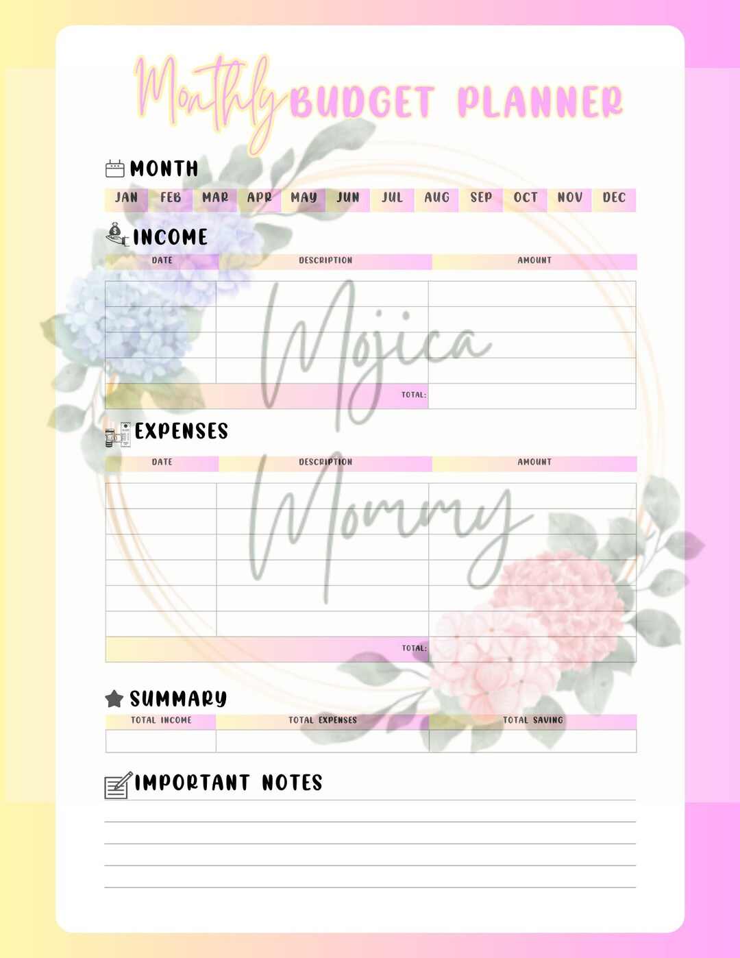 Printable Monthly Budget, Pink and Yellow, Monthly Income & Expense ...