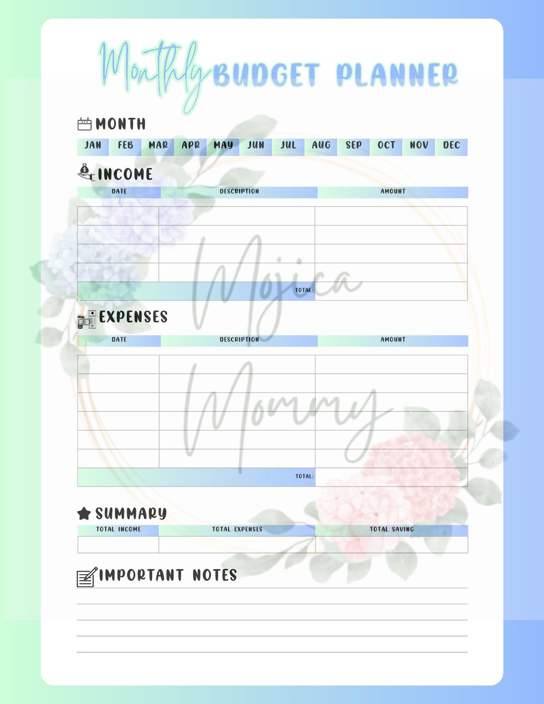 Printable Monthly Budget, Blue and Green, Monthly Income & Expense ...