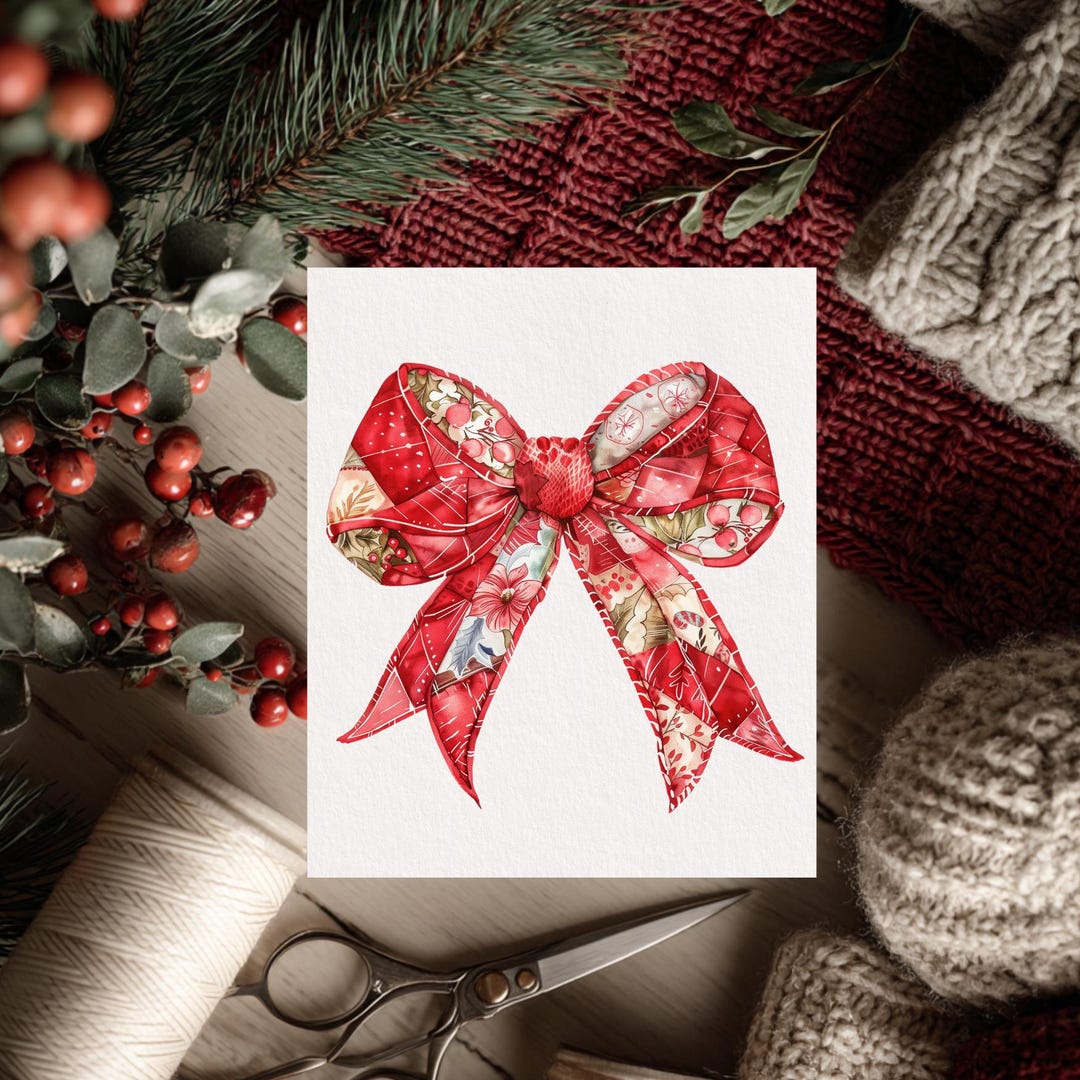 Patchwork Bow PNG | Quilted Christmas Clipart | Watercolor Holiday Bow ...