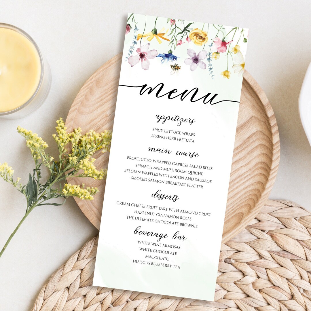 Wild Flower Printable Menu Template Bridal Shower Luncheon - Etsy
