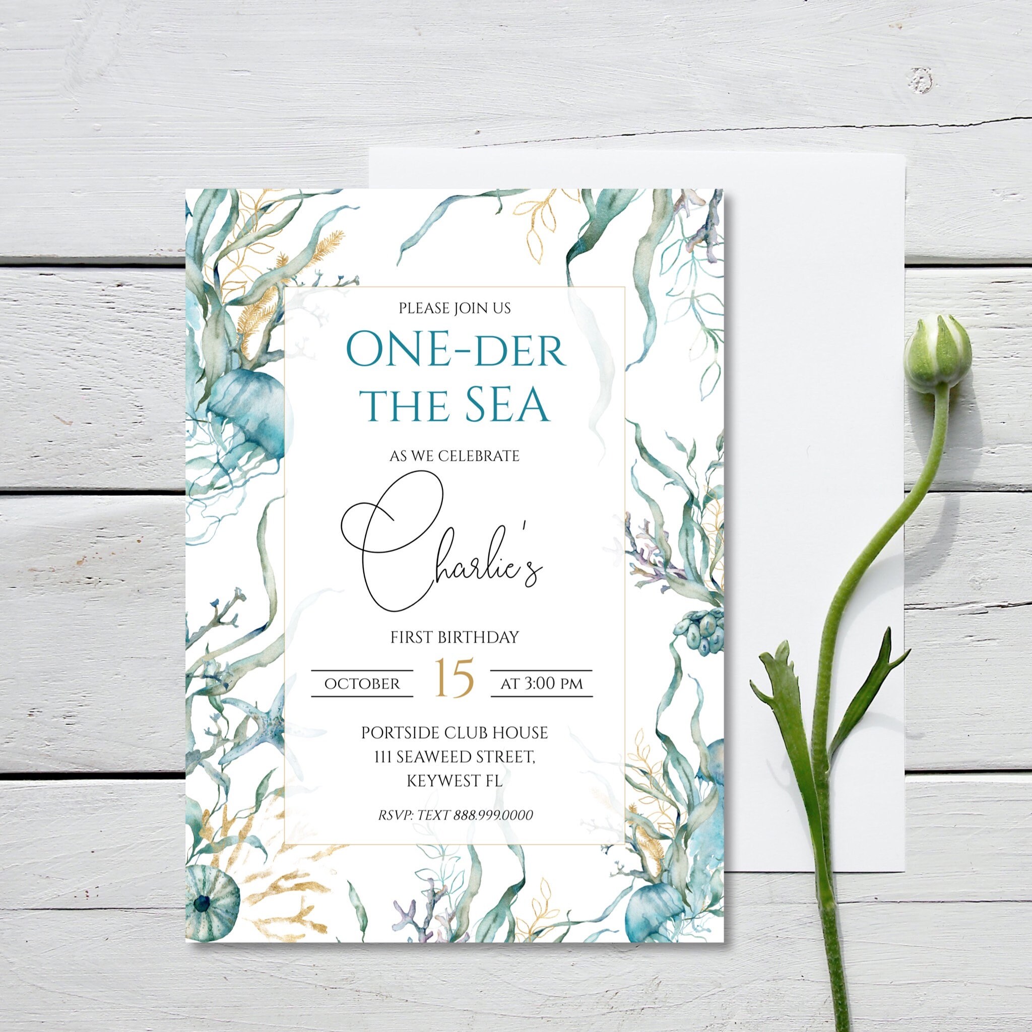 One-der the Sea First Birthday Printable Invitation Template Turquoise ...