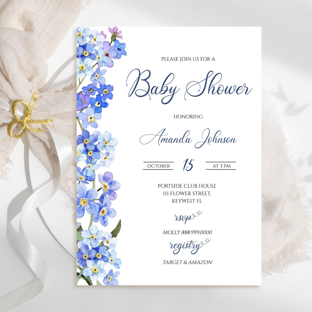Forget Me Not Baby Shower Printable Invitation Template Blue - Etsy