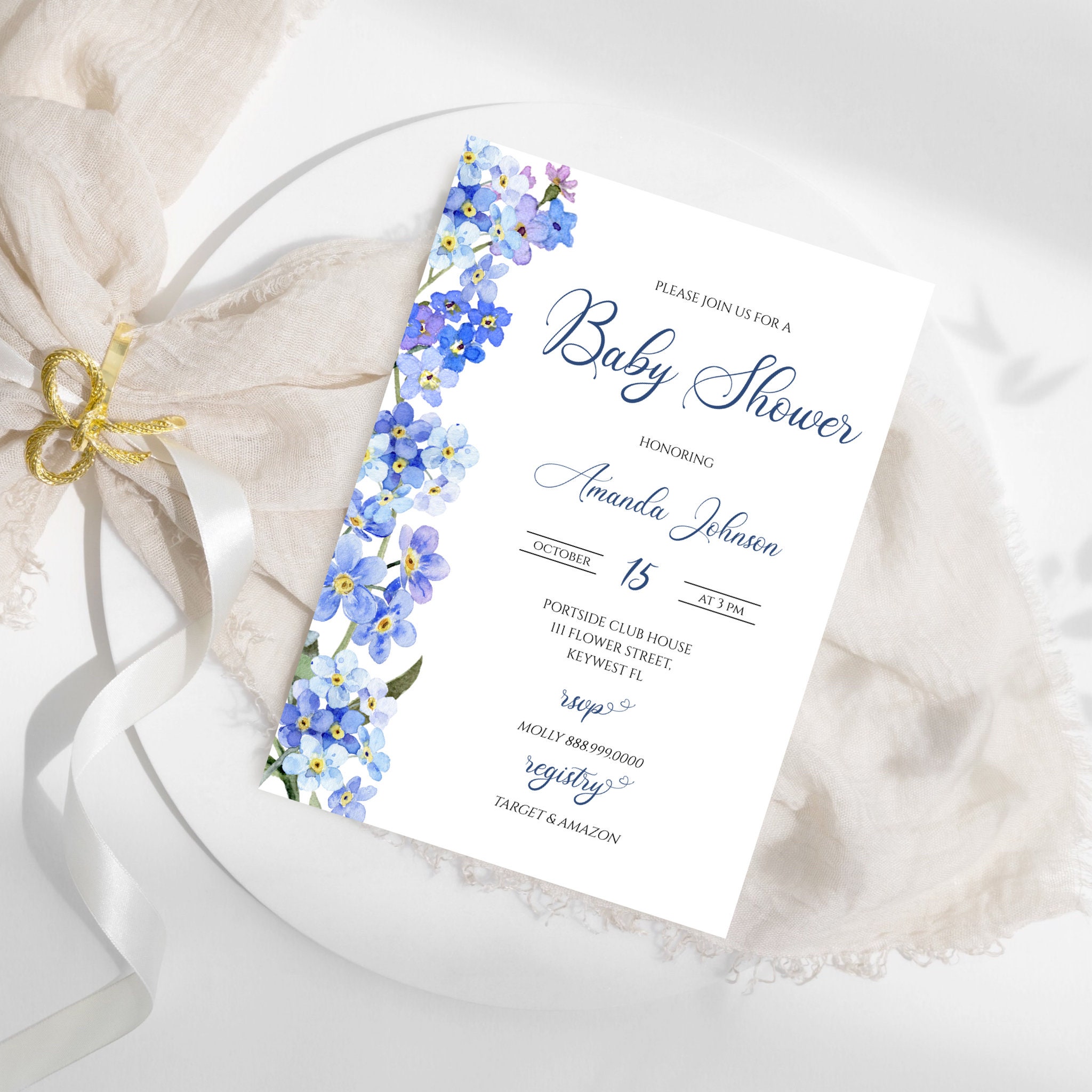Forget Me Not Baby Shower Printable Invitation Template Blue - Etsy