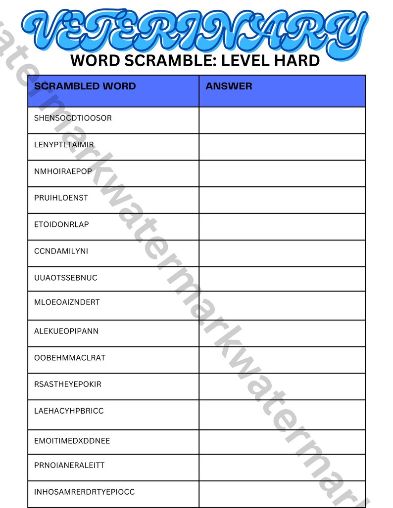 Veterinary Word Scramble Game - Etsy