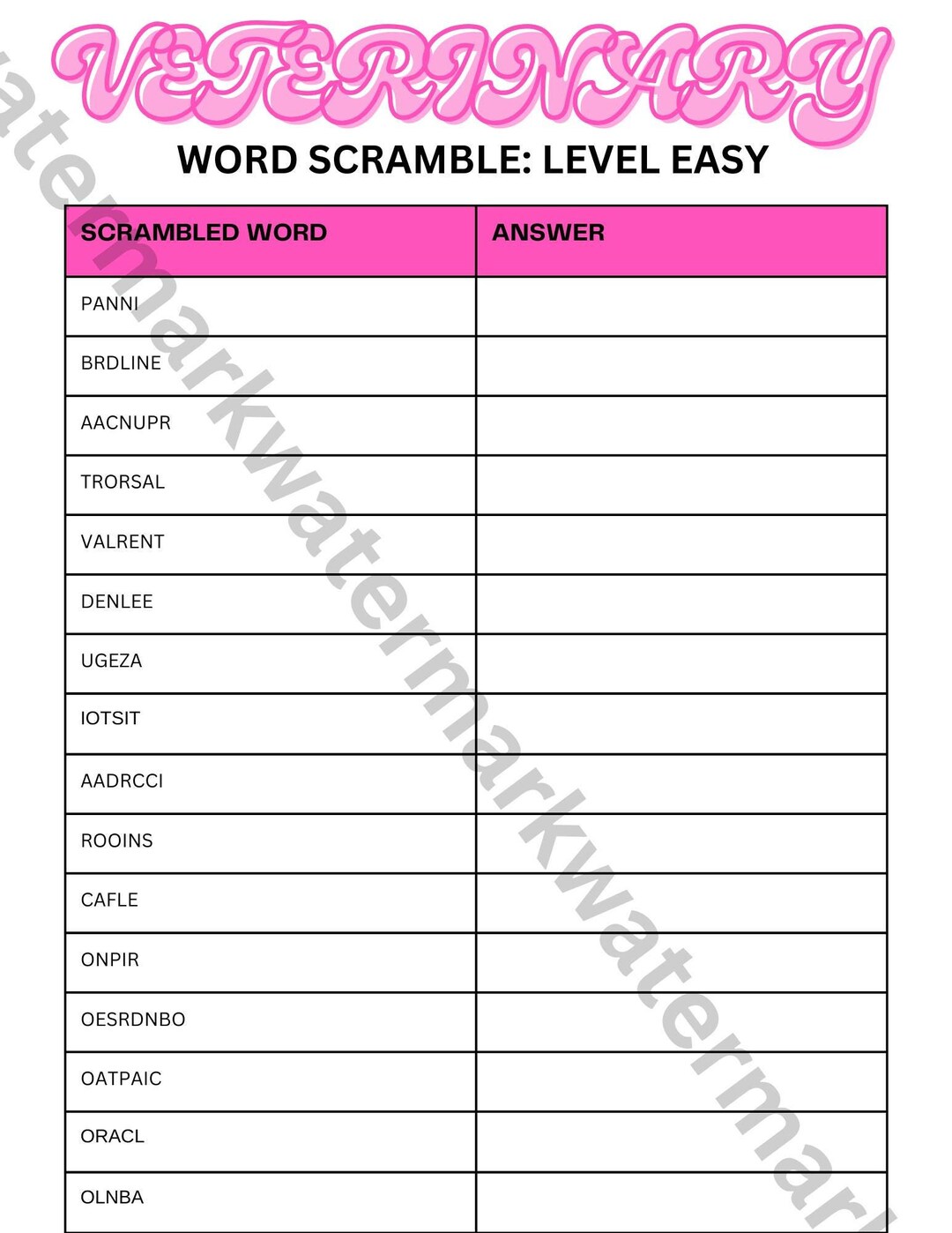 Veterinary Word Scramble Game - Etsy
