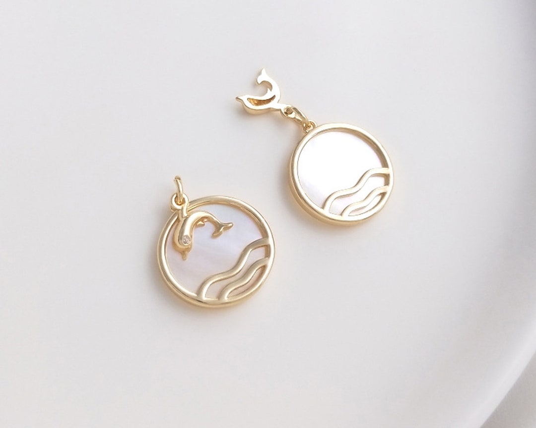 4PCS 14k Gold Filled Round Shell Charm,dolphins Adorn Shell Drop, Shell ...