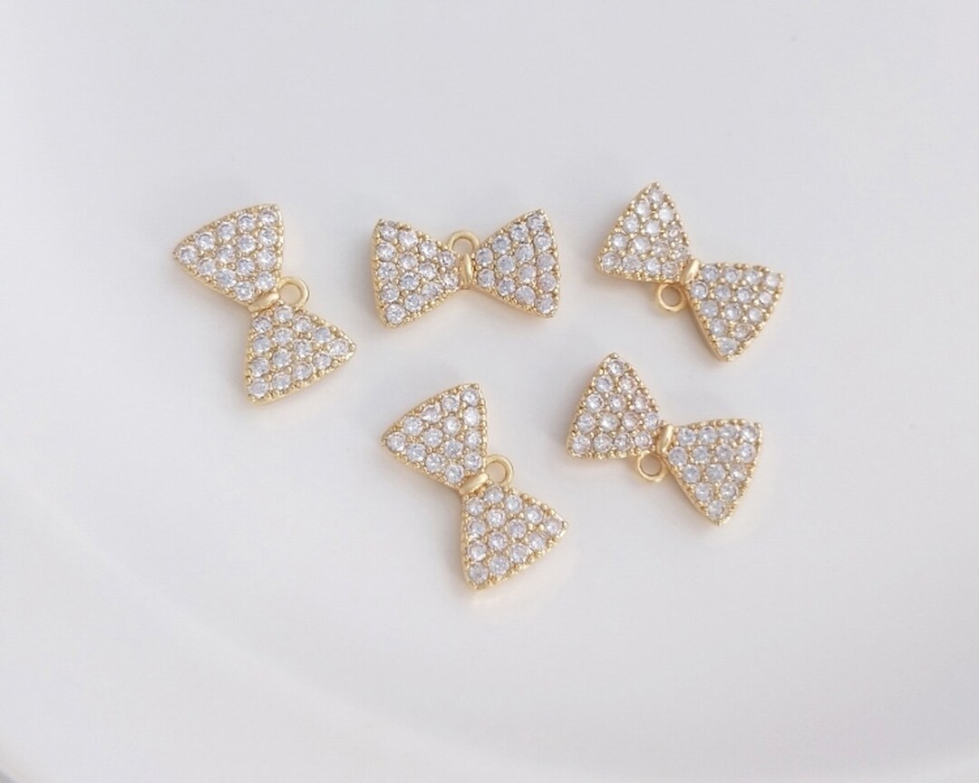 6PCS 14k Gold Filled Shiny Gold Bow Charms, Cz Bracelet Connector ...